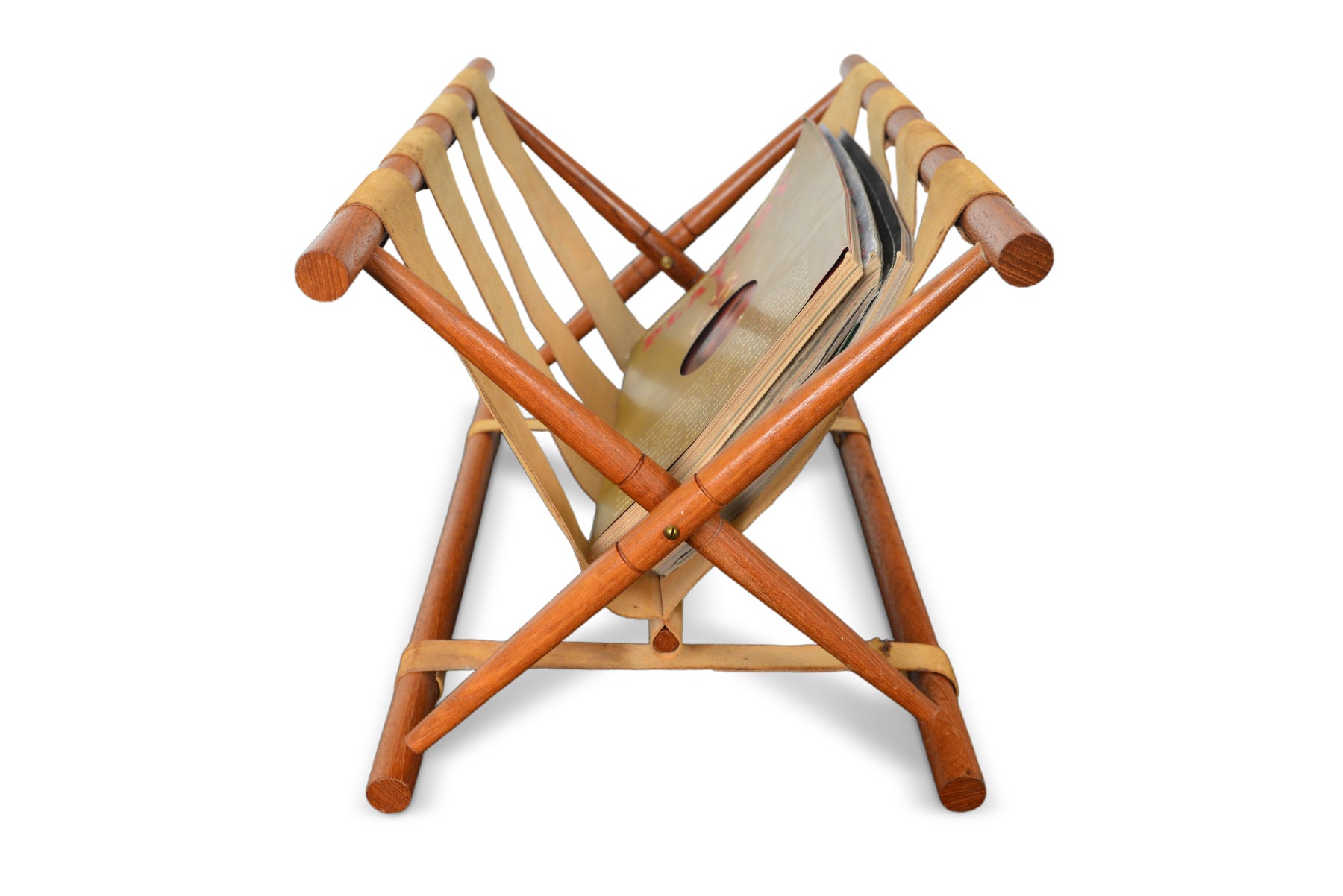 DANISH MODERN TEAK + LEATHER FOLDING MAGAZINE RACK