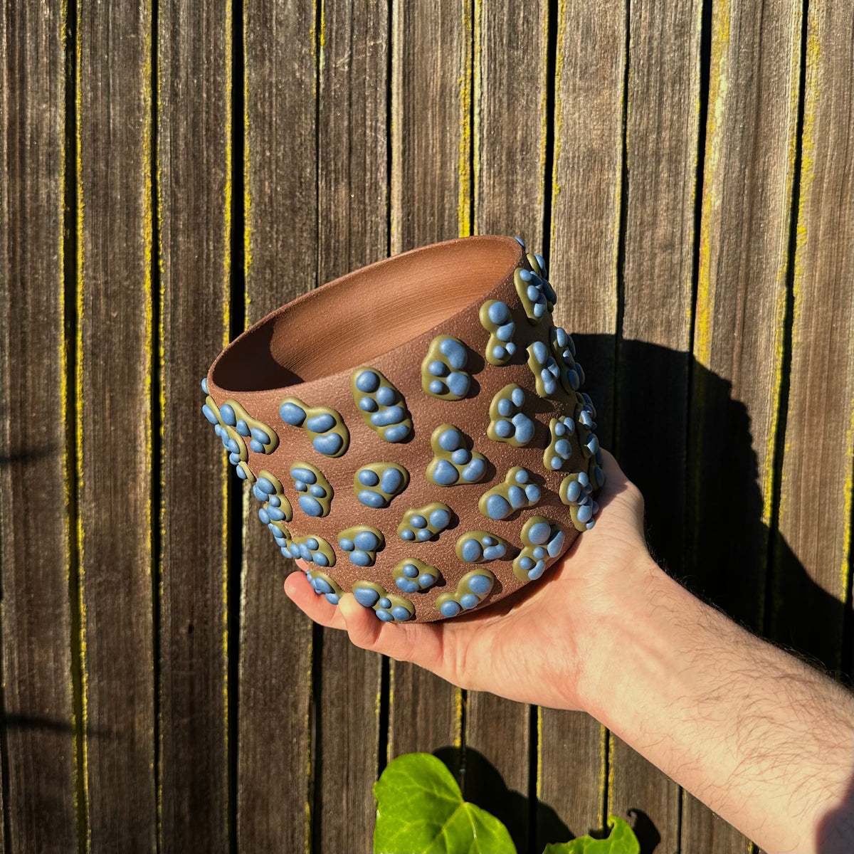 BROWN CLAY AMOEBA MATTE GLAZED PLANTER WITH BLUE DOTS